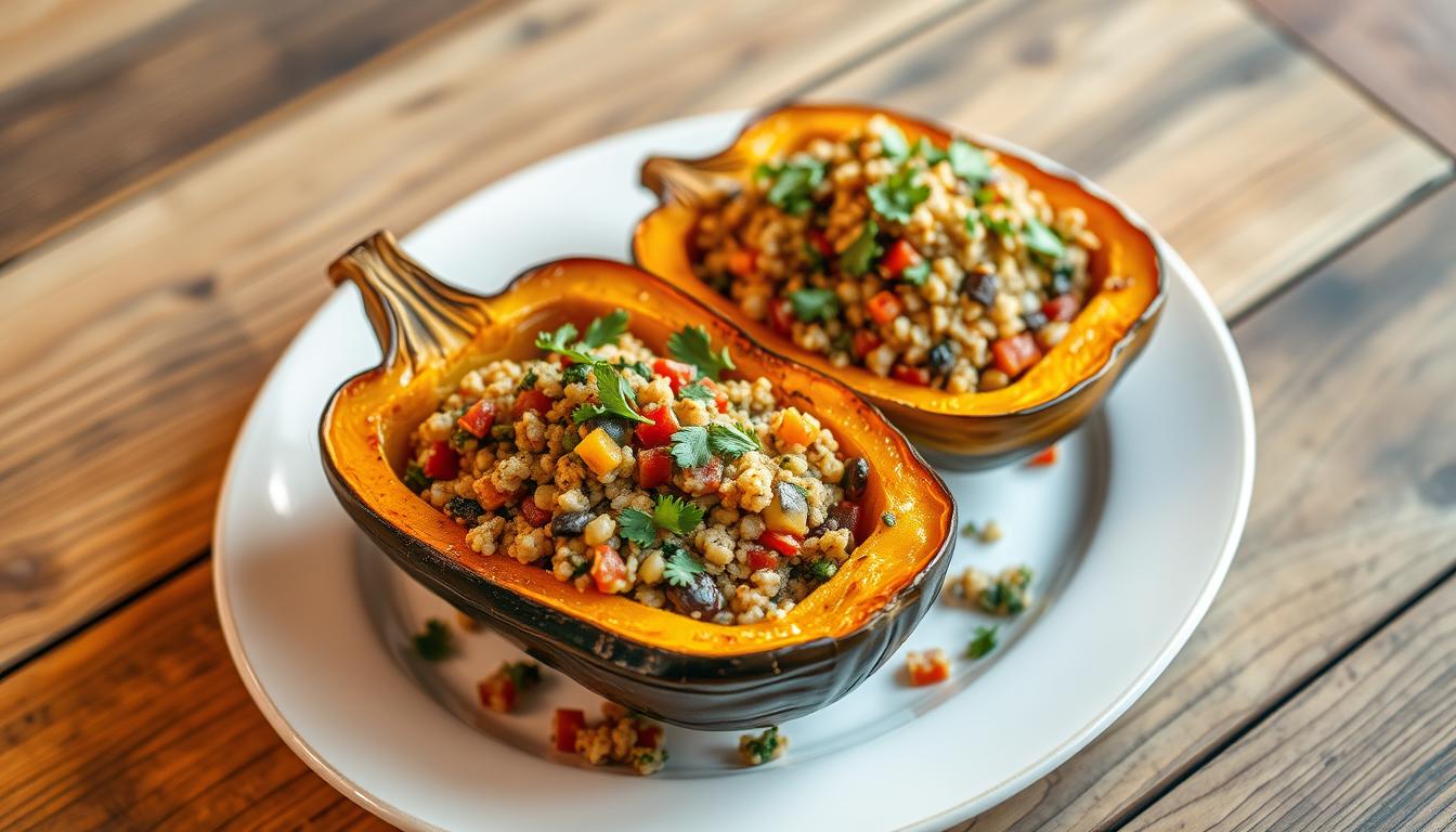 Crockpot Quinoa and Vegetable Stuffed Acorn Squash Recipe - Debs Daily